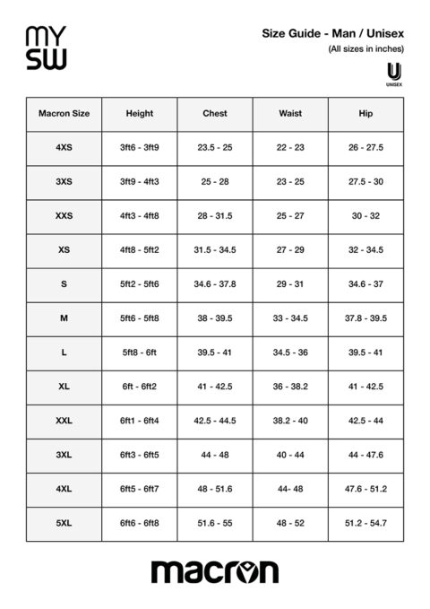 Sizing Guide | Macron Sports Hub Tees Valley